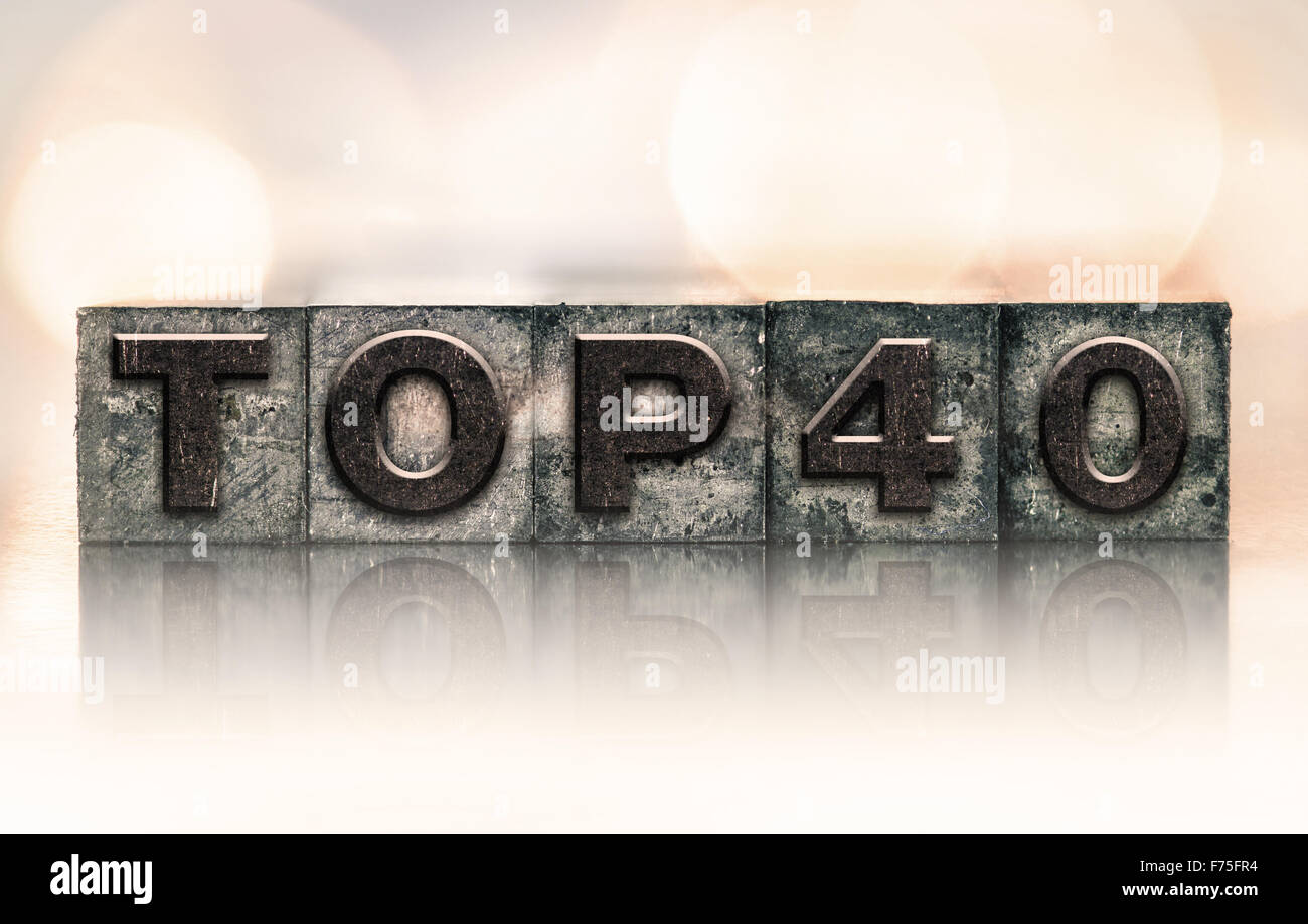 The word "TOP 40" written in vintage ink stained letterpress type Stock ...