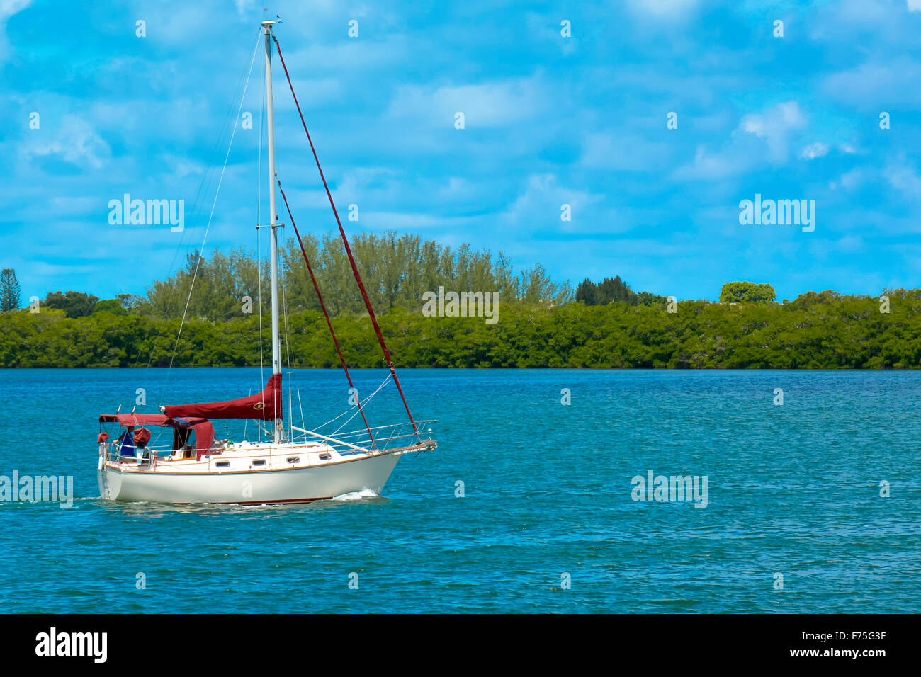 Lone sailboat with mast lowered anchored in water with land nearby and ...