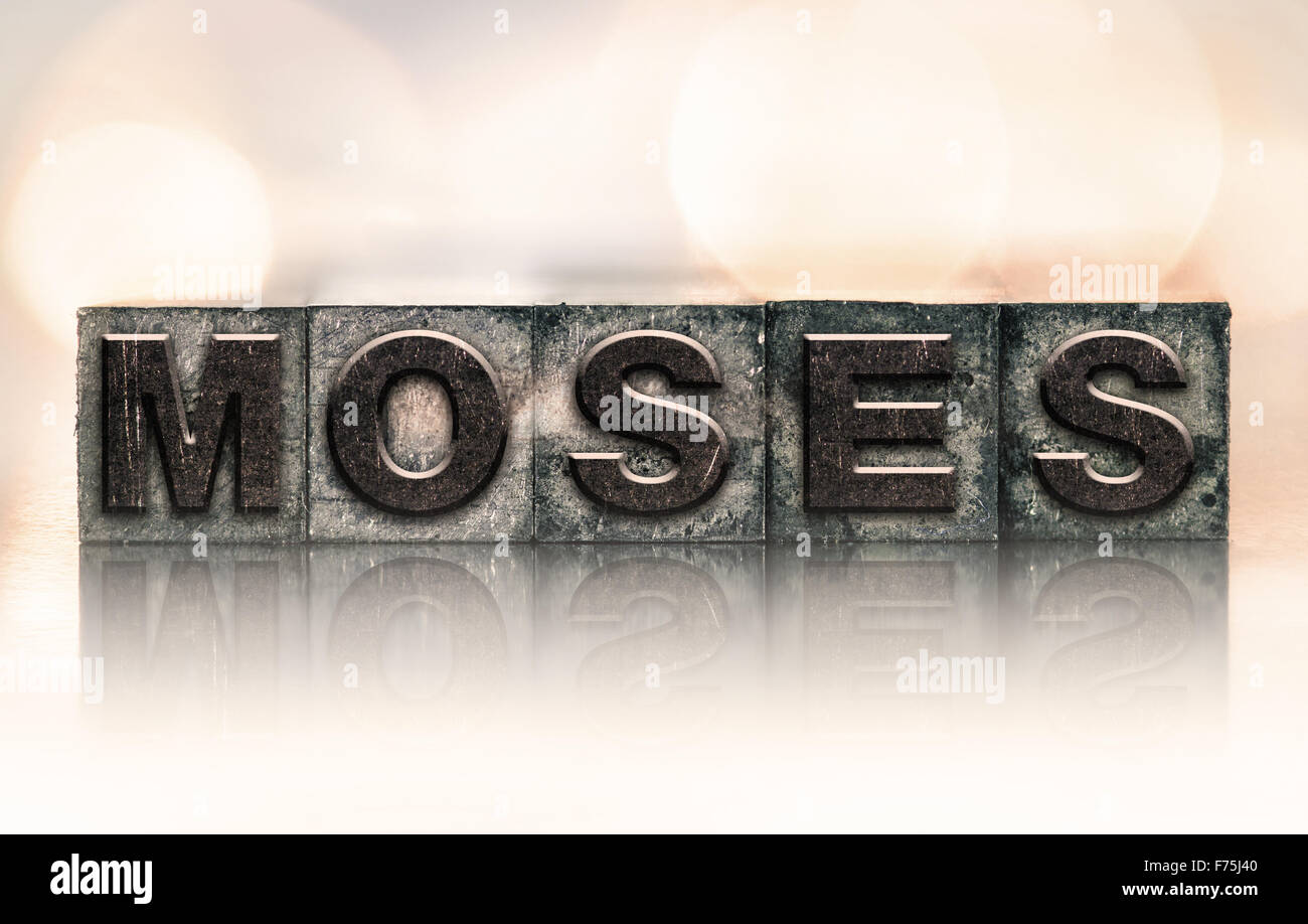 The Bible character "MOSES" written in vintage ink stained letterpress ...