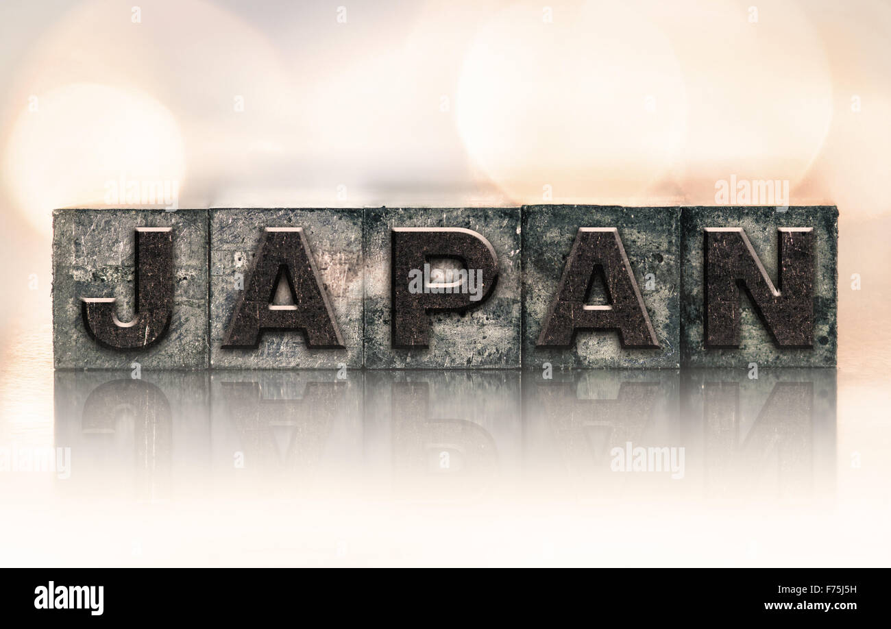The word "JAPAN" written in vintage ink stained letterpress type Stock ...