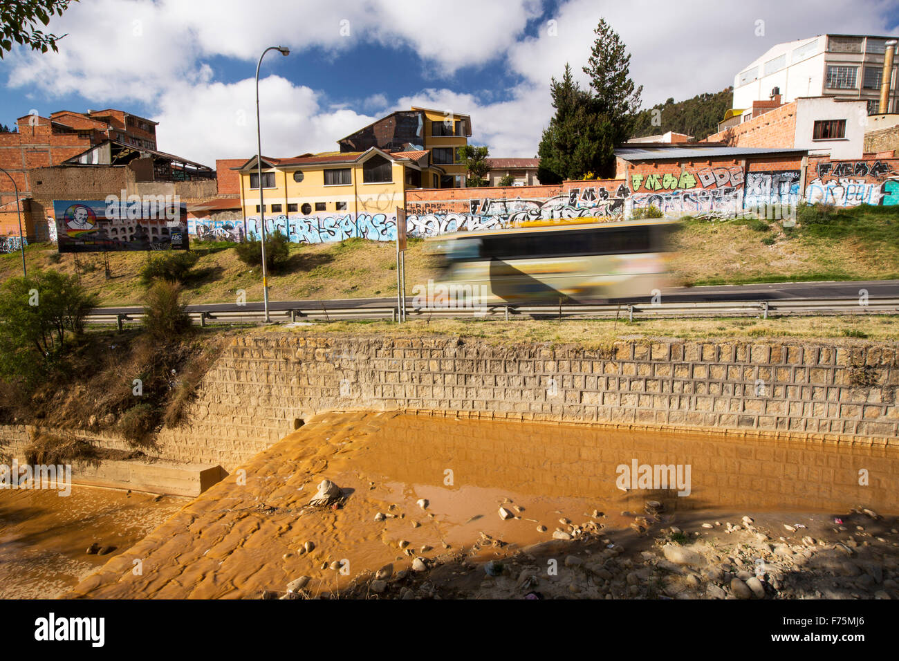 A river full of water contaminated by mine effluent in La Paz, Bolivia ...