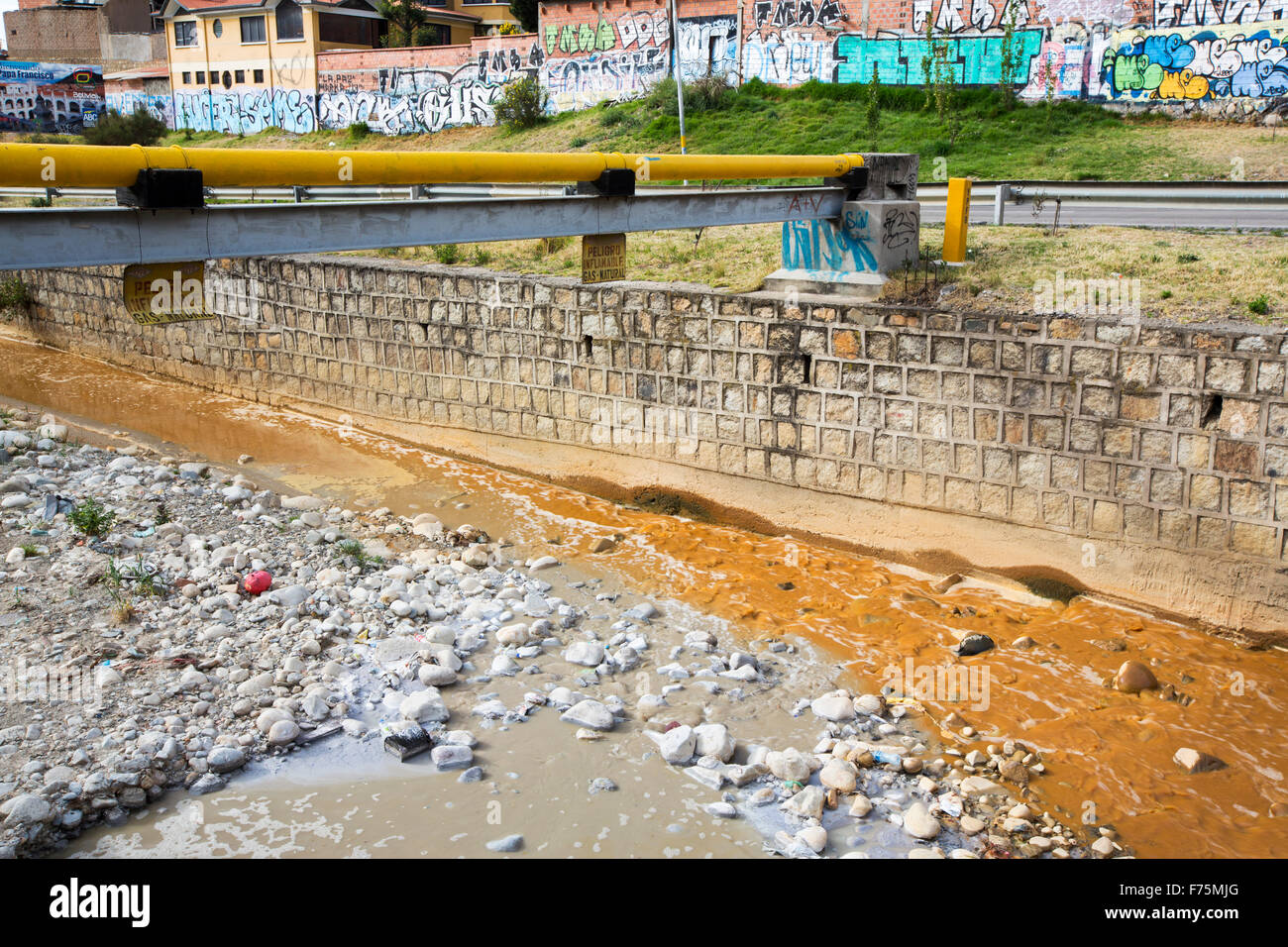 A river full of water contaminated by mine effluent, mixing with raw ...