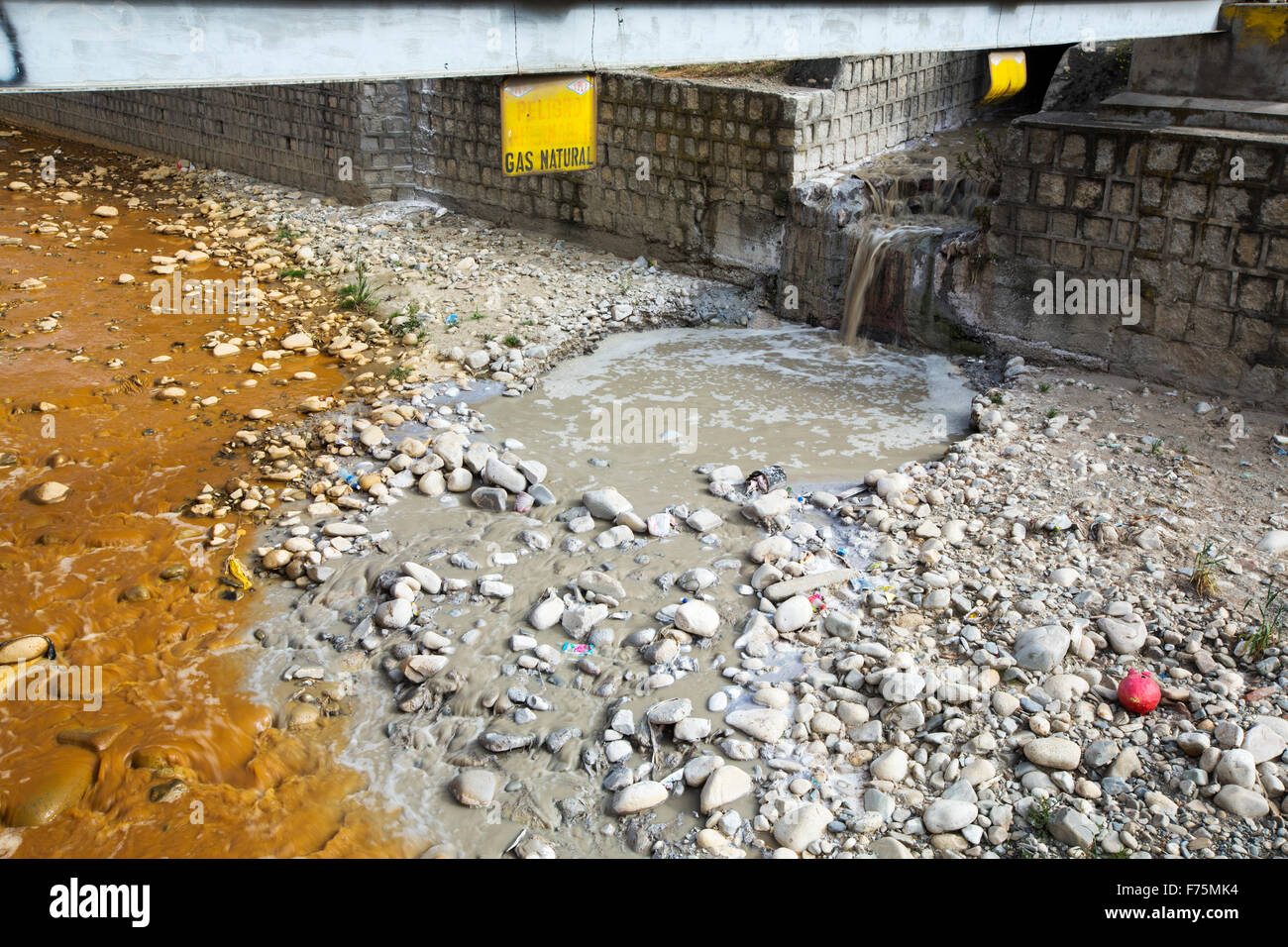 A river full of water contaminated by mine effluent, mixing with raw ...