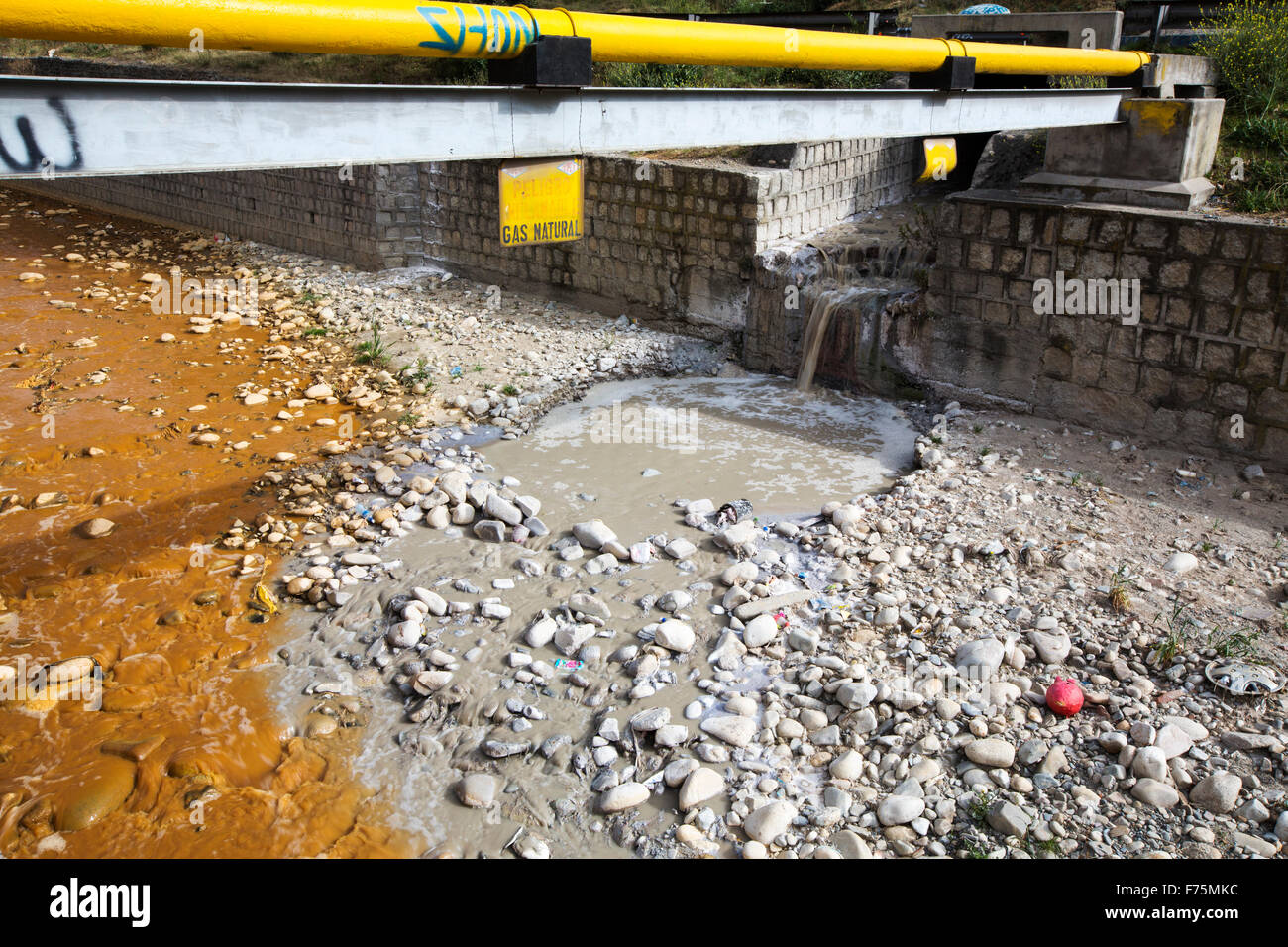 A river full of water contaminated by mine effluent, mixing with raw ...