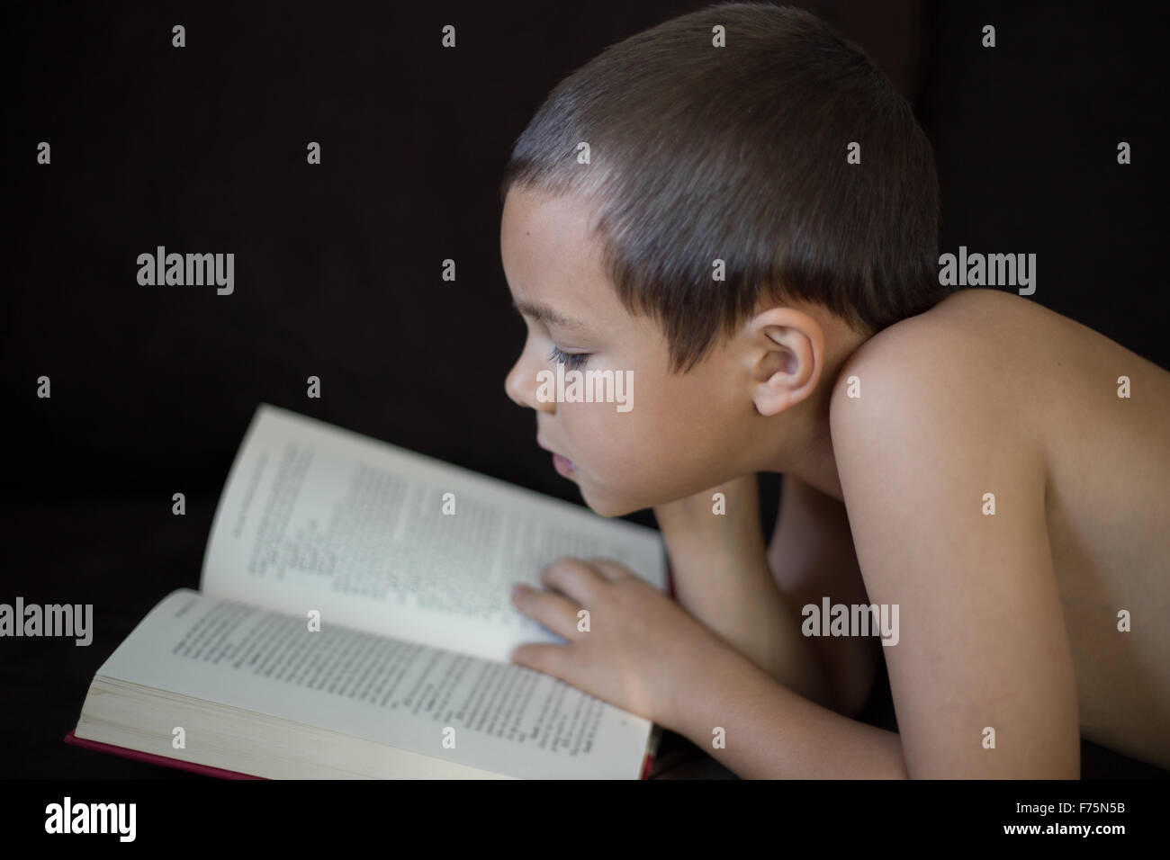 Elementary homeschool boy learning how to read Stock Photo - Alamy
