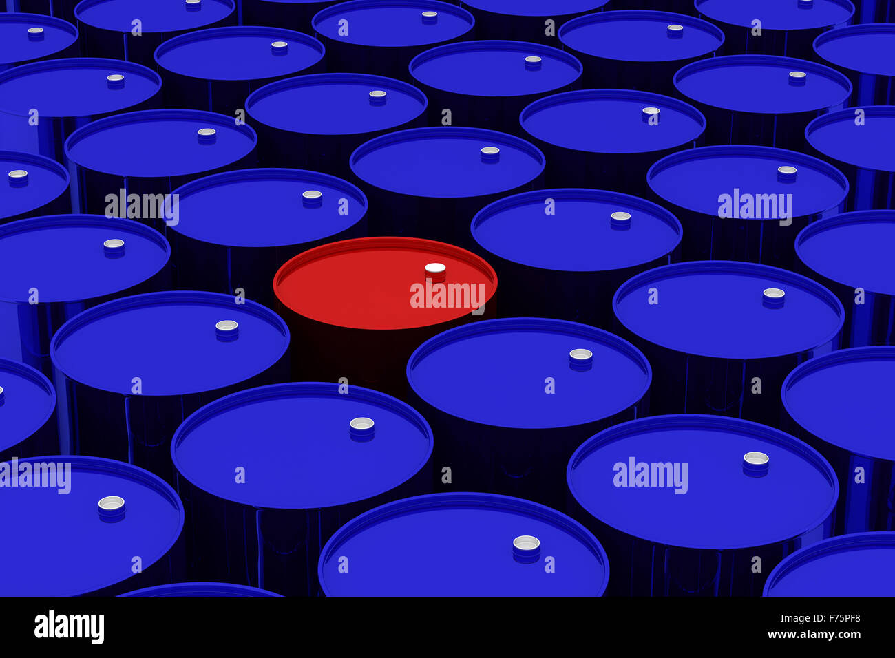 A lot of dark blue and one red vat. 3D image Stock Photo - Alamy