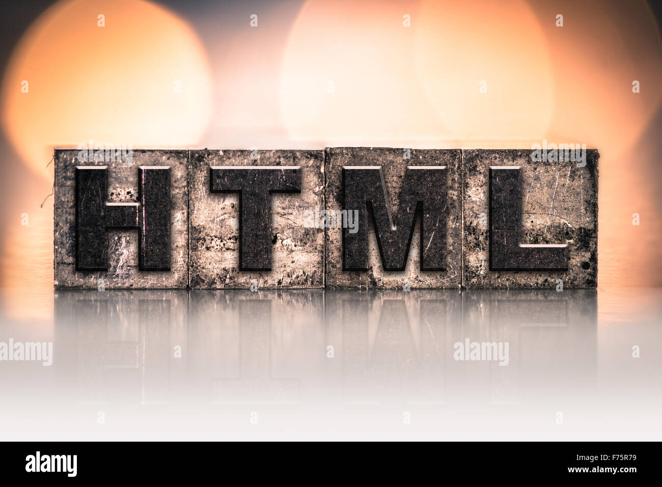 The word "HTML" written in vintage ink stained letterpress type Stock ...