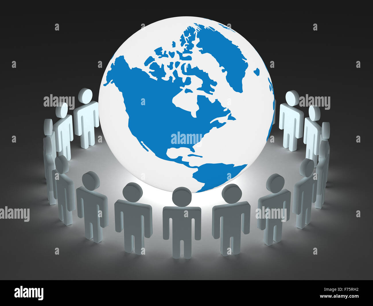 Group of people standing round globe. 3D image Stock Photo - Alamy