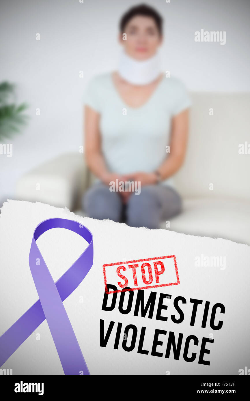 Composite image of sad woman with a surgical collar Stock Photo - Alamy