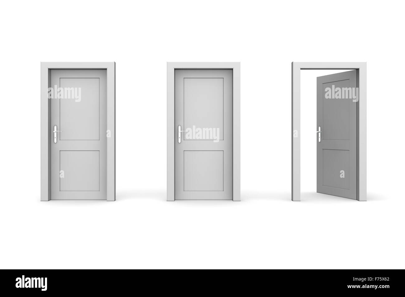 Three Grey Doors - Two Closed, The Right One Open Stock Photo - Alamy