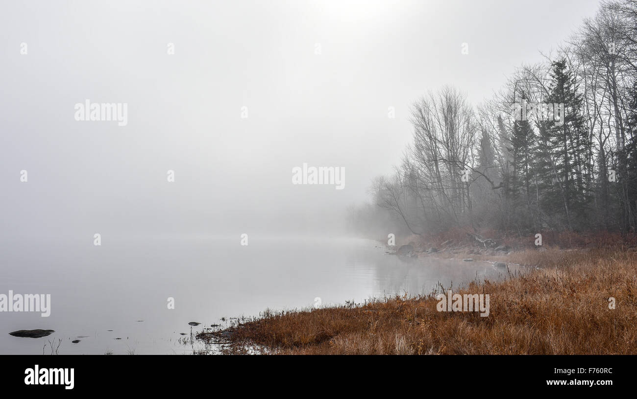 Dense fog moving slowly along the river, diffused bright sunlight Stock ...