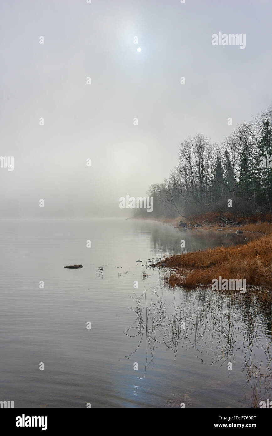 Dense fog moving slowly along the river, diffused bright sunlight Stock ...