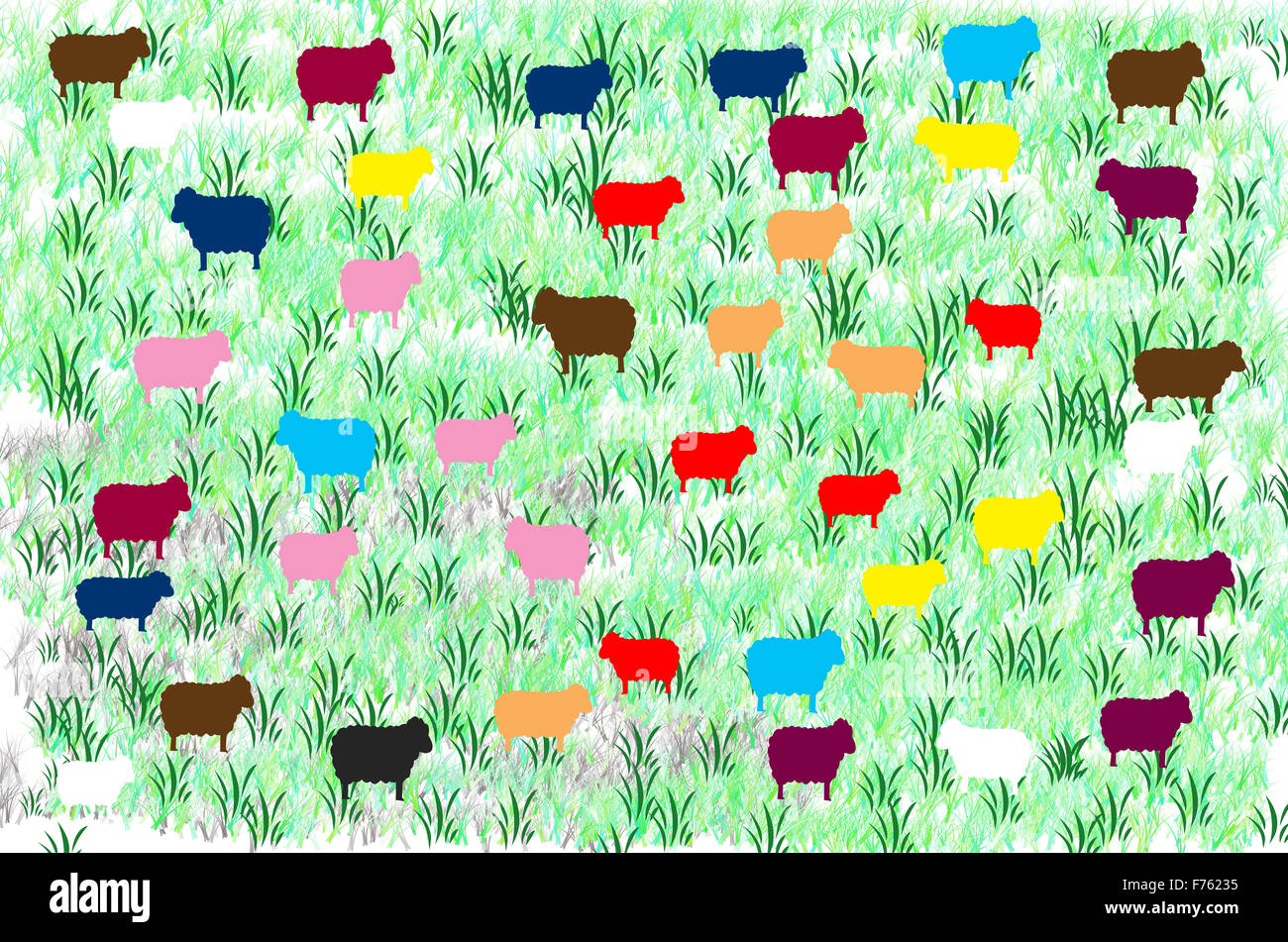 Black sheep and Colorful sheep on Green Grass Backgrounds Stock Photo ...