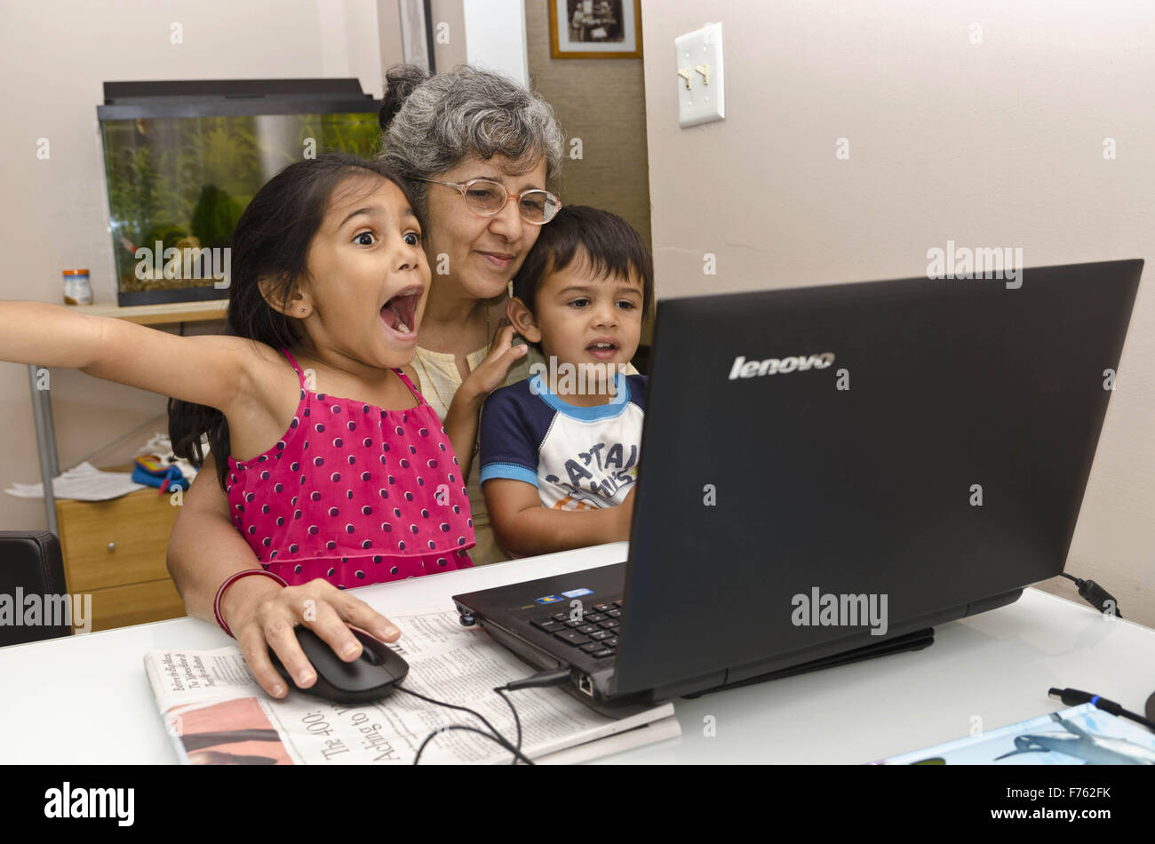 Children learning through internet with granny, edison, new york, usa ...