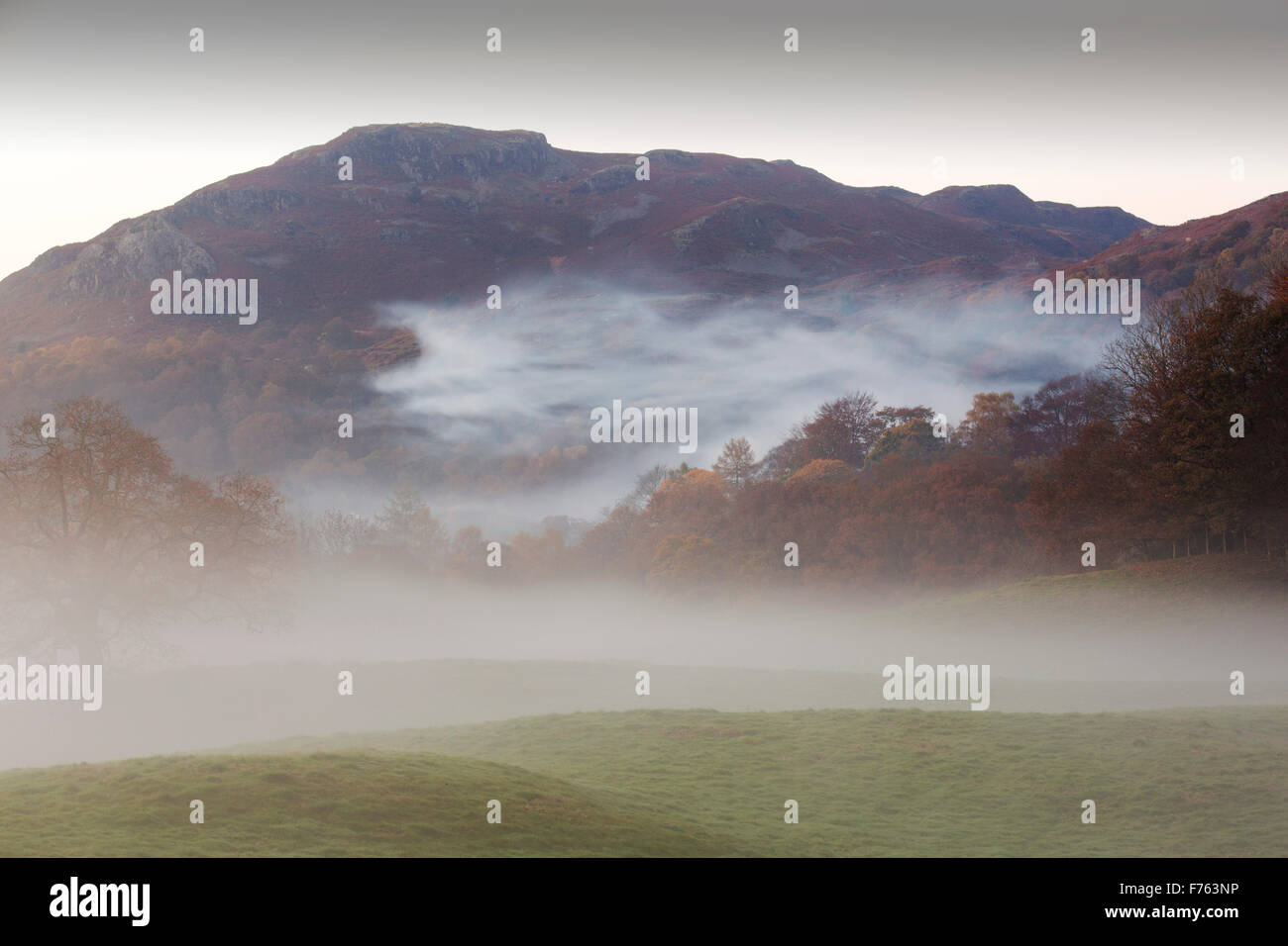 Valley mist over the Langdale Valley at Clappersgate, near Ambleside ...