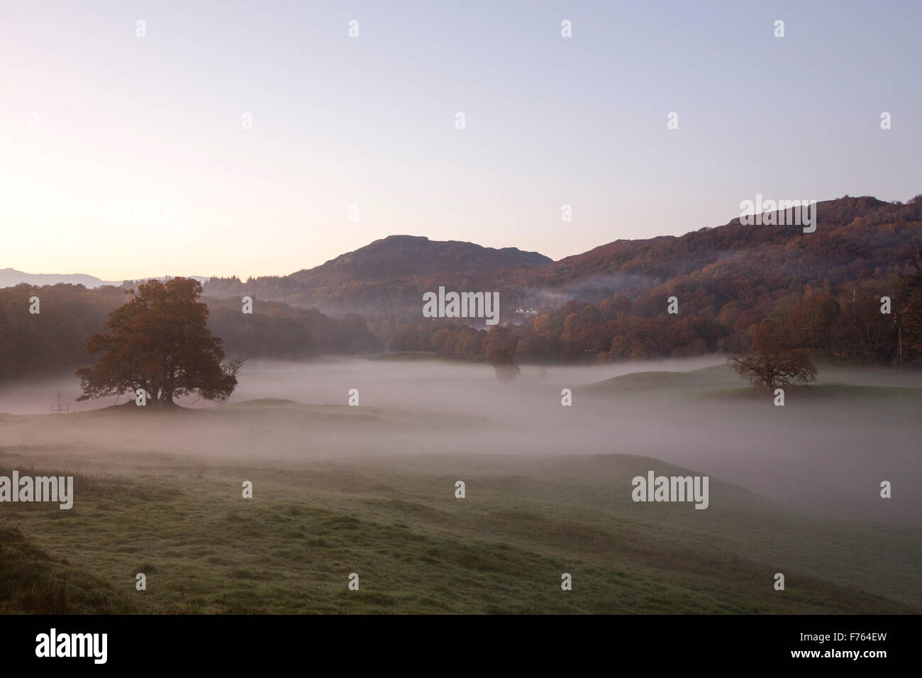 Valley mist over the Langdale Valley at Clappersgate, near Ambleside ...