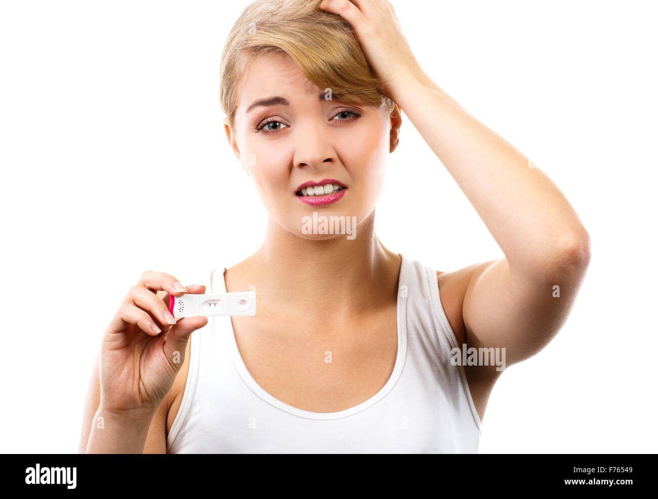 Unhappy Worried Sad Woman Showing Pregnancy Test With Positive Result