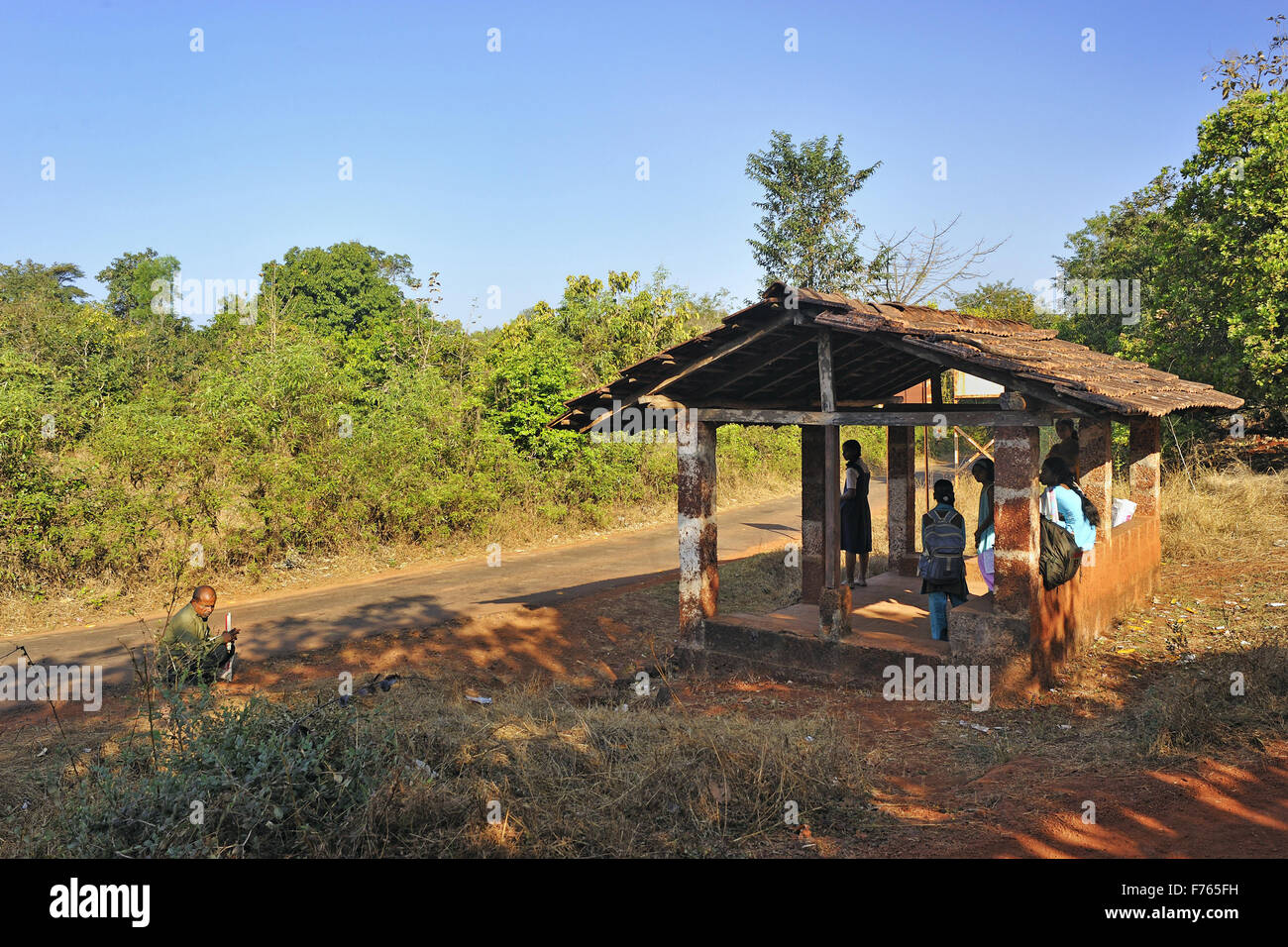 School children bus stand palvin village, mandangad, maharashtra, india ...
