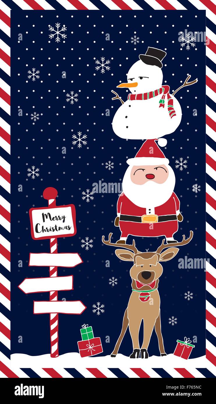 Merry Christmas card pattern at night with Santa, reindeer, snowman ...