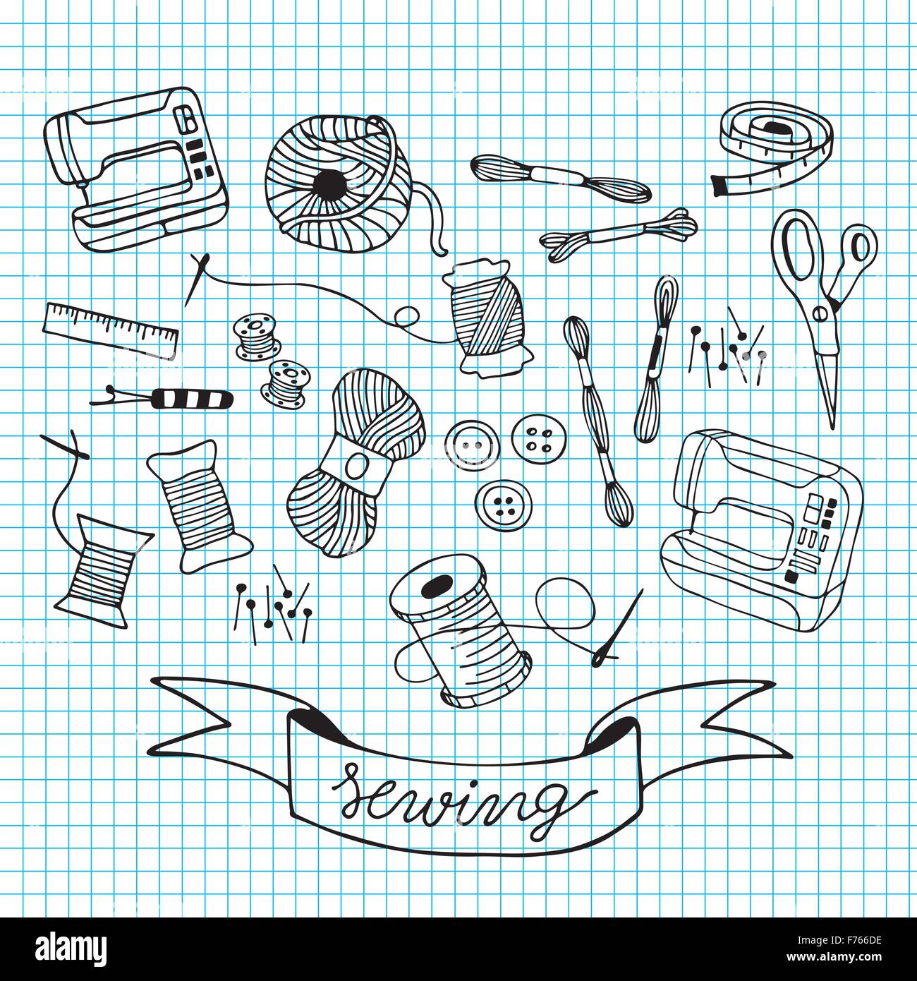sewing doodle illustration on blue grid background Stock Vector Image ...