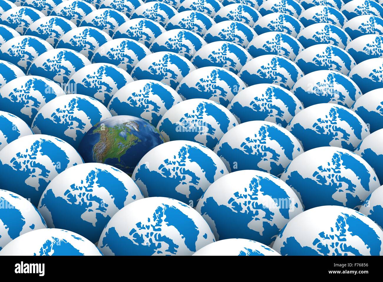 One of many. A row of globes. 3D image Stock Photo - Alamy