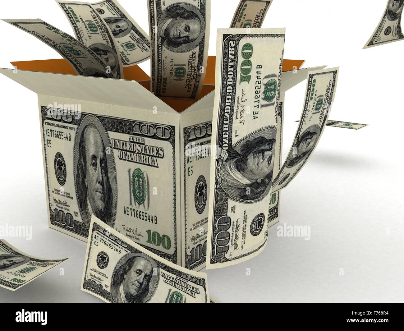 isolated three dimensional present opened wrapped with 100 dollar bills ...