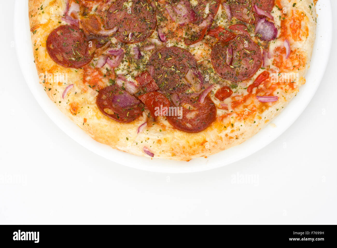 pizza on a plate on white background Stock Photo - Alamy