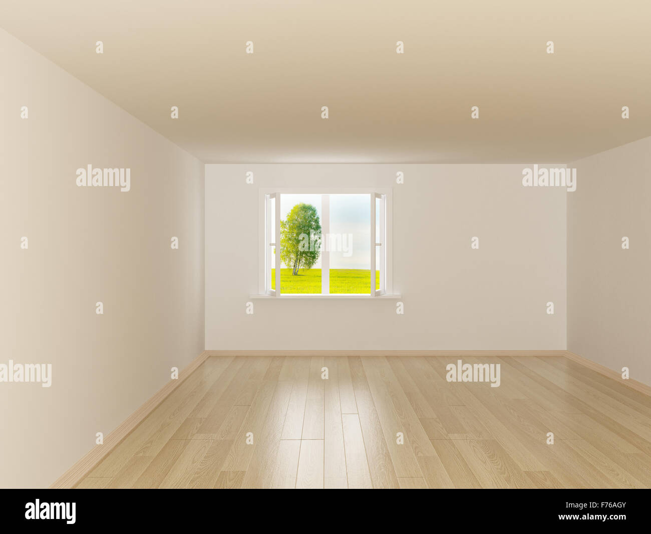 Empty room. Landscape behind the open window. 3D image Stock Photo - Alamy