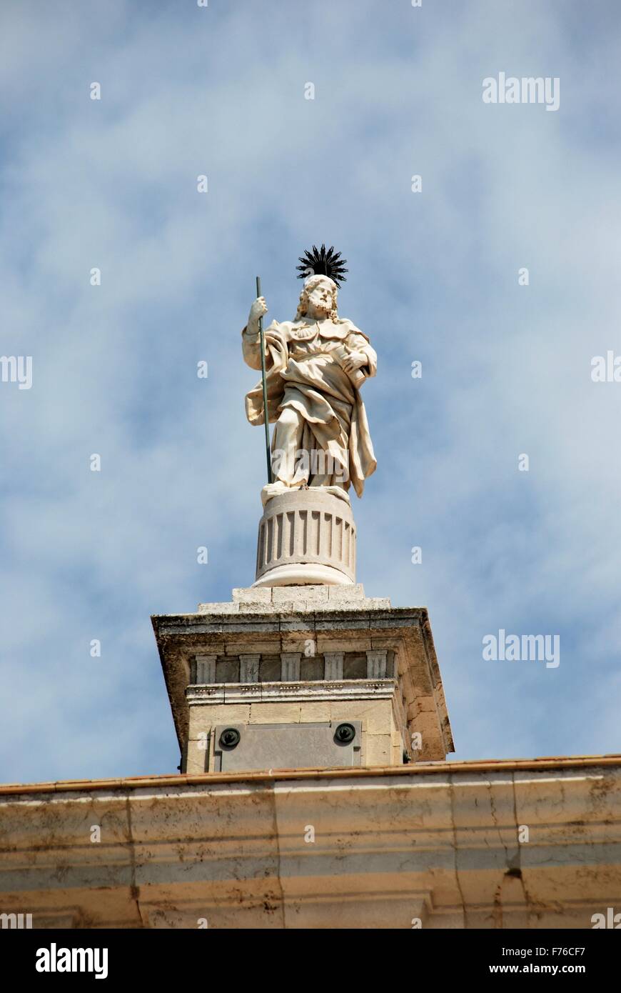 Religious statue on the Cathedral roof, Cadiz, Cadiz Province ...