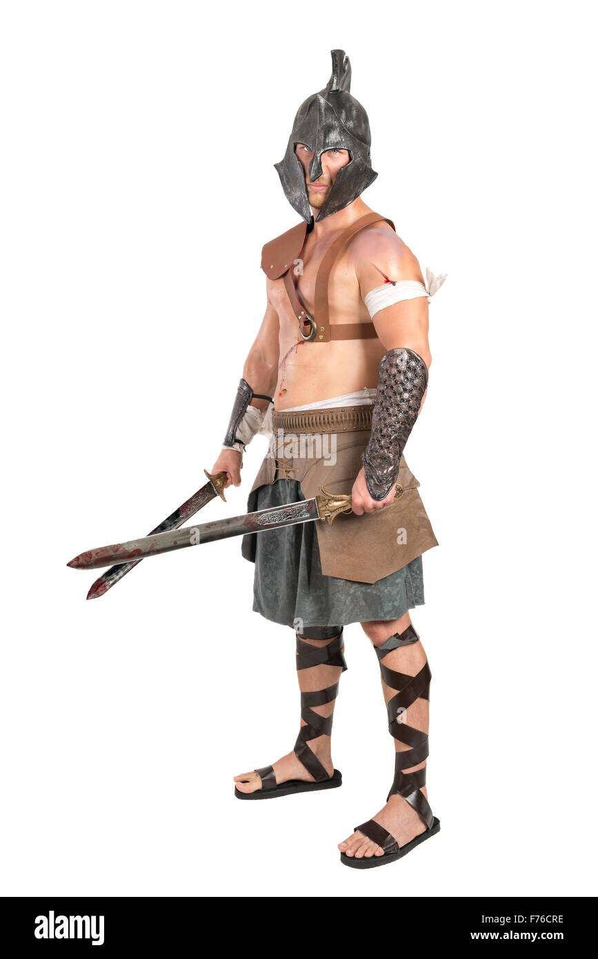 Gladiator posing isolated in a white background Stock Photo - Alamy