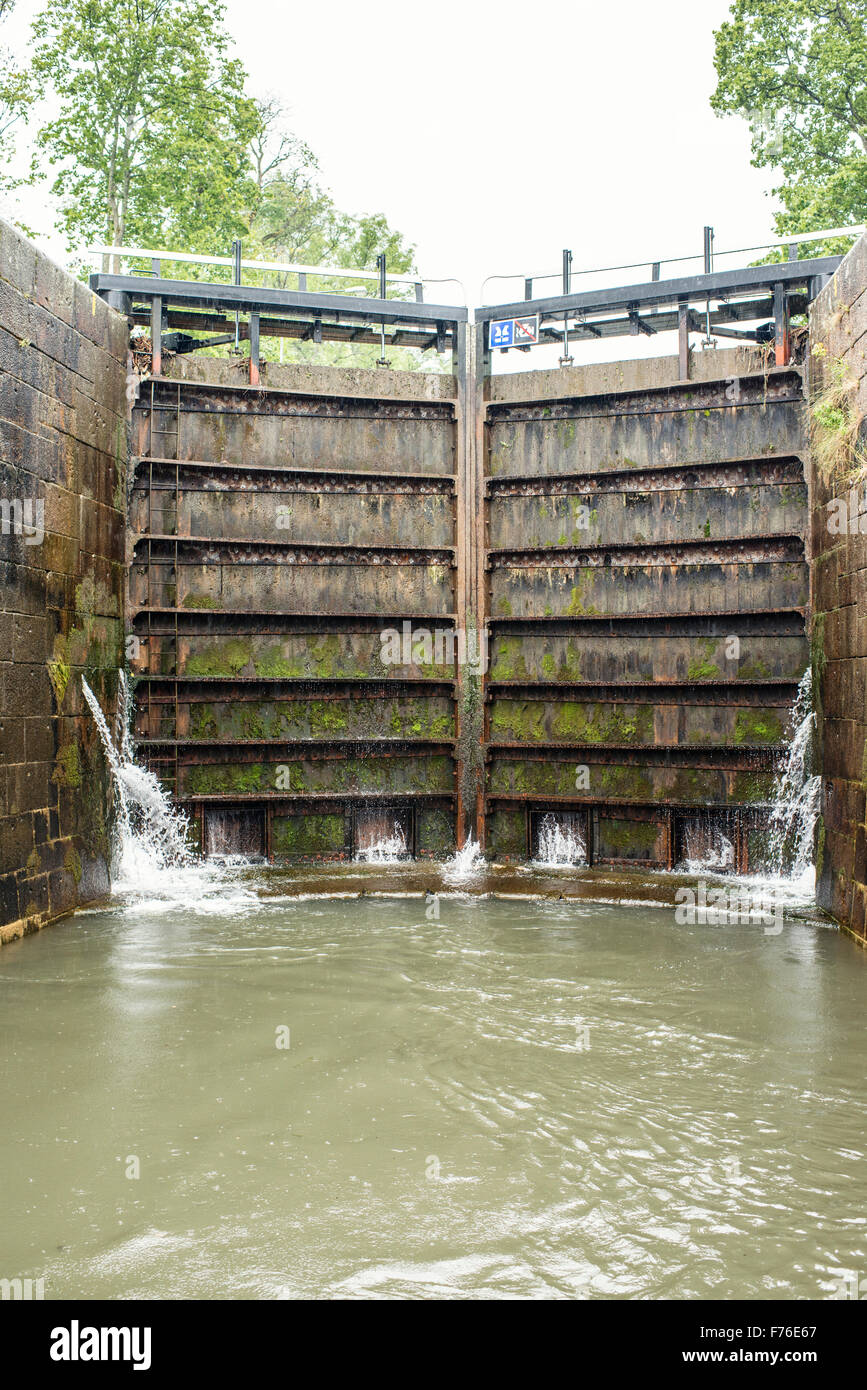 Sea lock at Gota Canal in Sweden. Water and floodgate doors Stock Photo ...