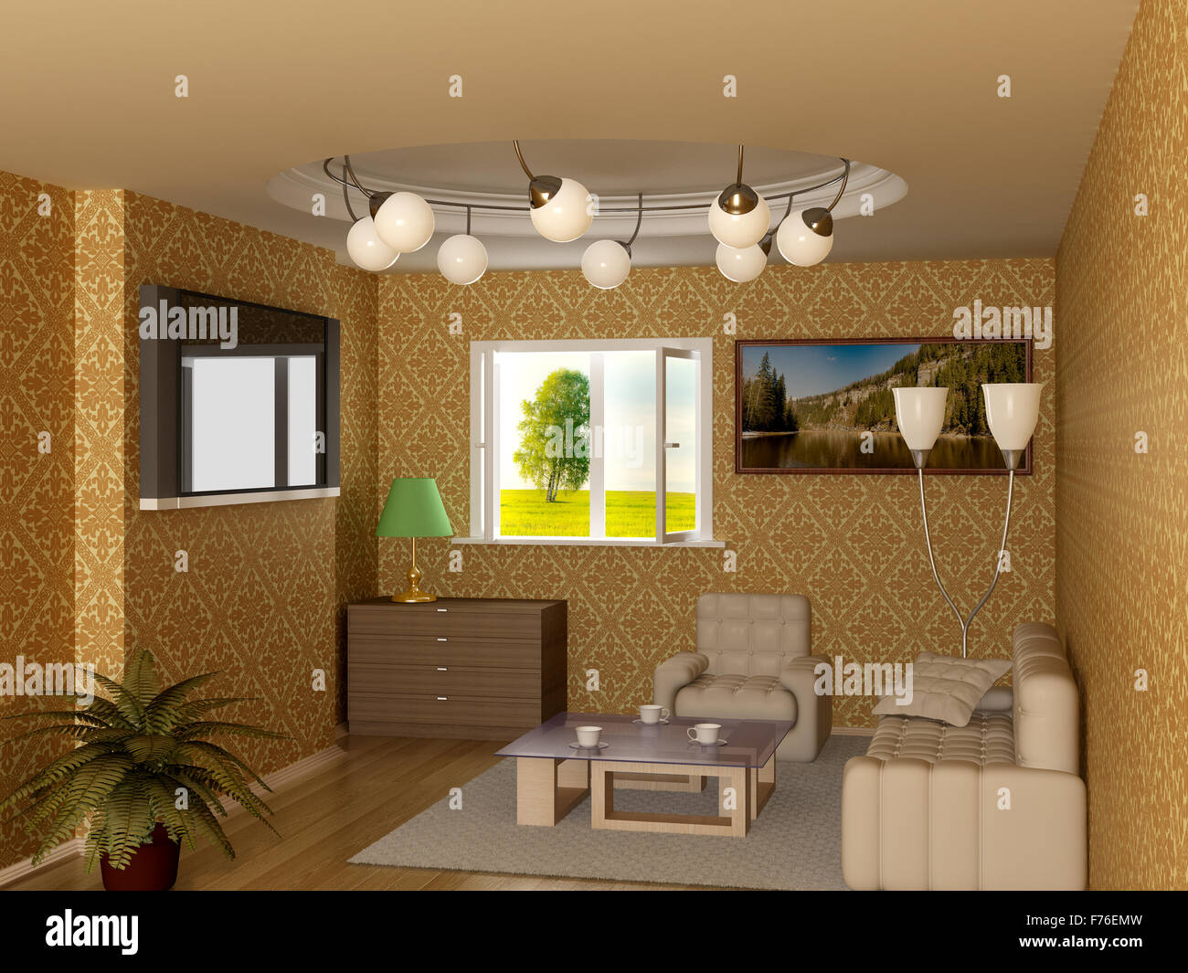 Interior of a living room. 3D image Stock Photo - Alamy