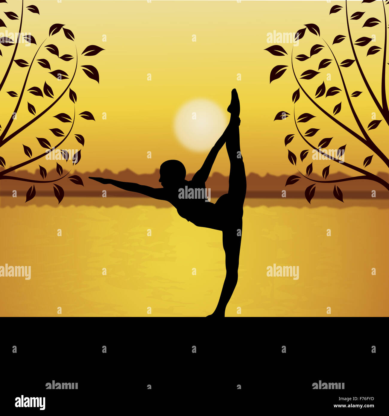 human doing yoga with river and sun background Stock Photo - Alamy