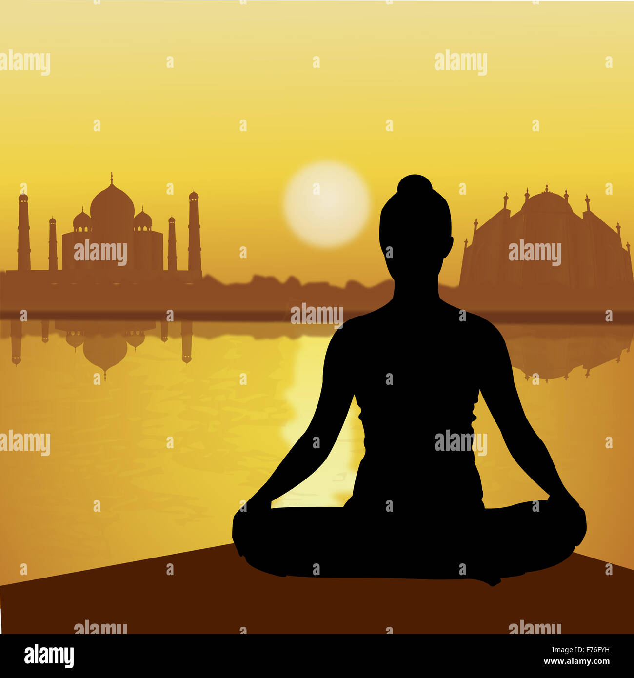 human doing yoga with taj mahal background, lake side Stock Photo - Alamy