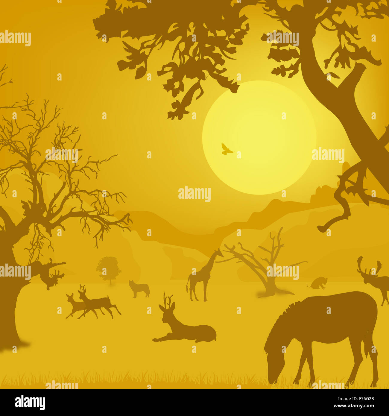 silhouette of wildlife, animals, trees, sun Stock Photo - Alamy
