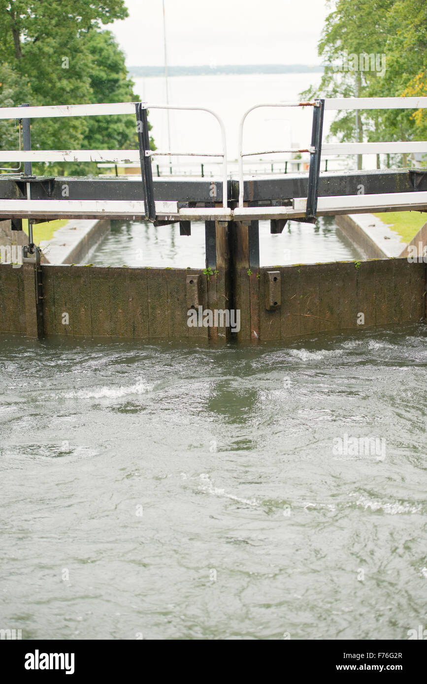 Sea lock at Gota Canal in Sweden. Water and floodgate doors Stock Photo ...