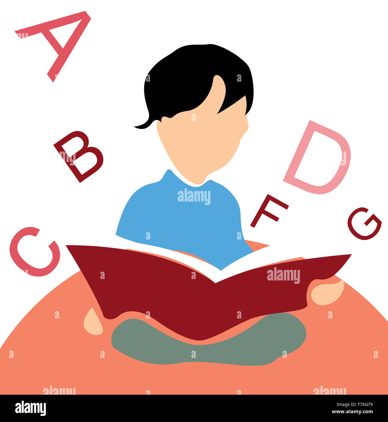 kid reading a book, white background with alphabets Stock Photo - Alamy