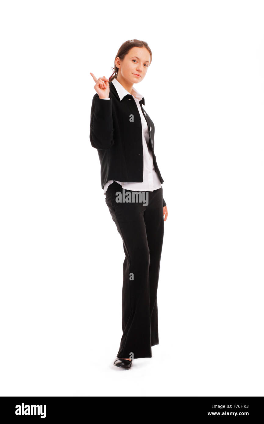 smiling young business woman pointing up at copyspace Stock Photo - Alamy