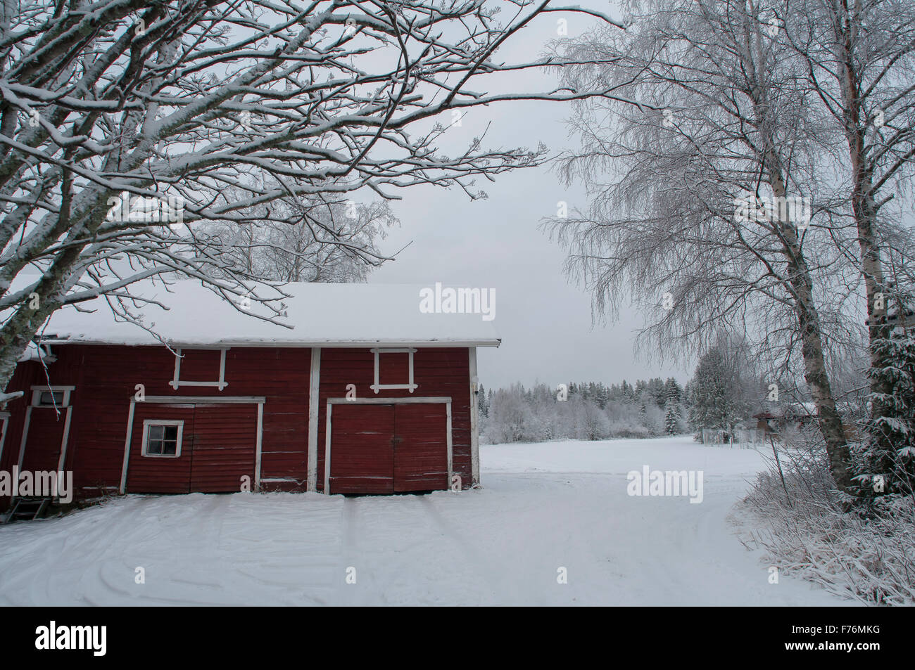 red barn in snow Finland Stock Photo - Alamy