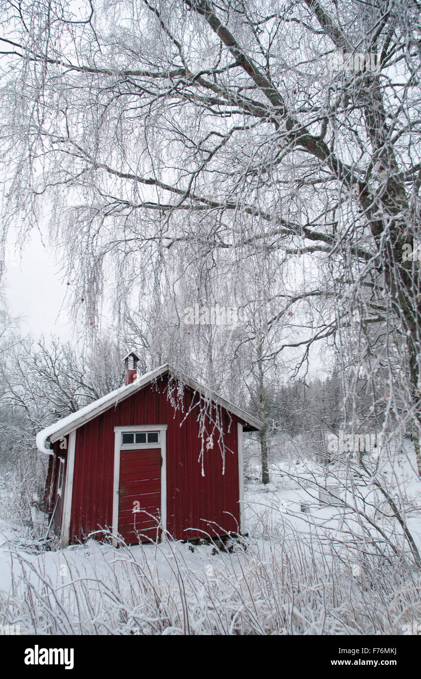 red house in snow Finland Stock Photo - Alamy
