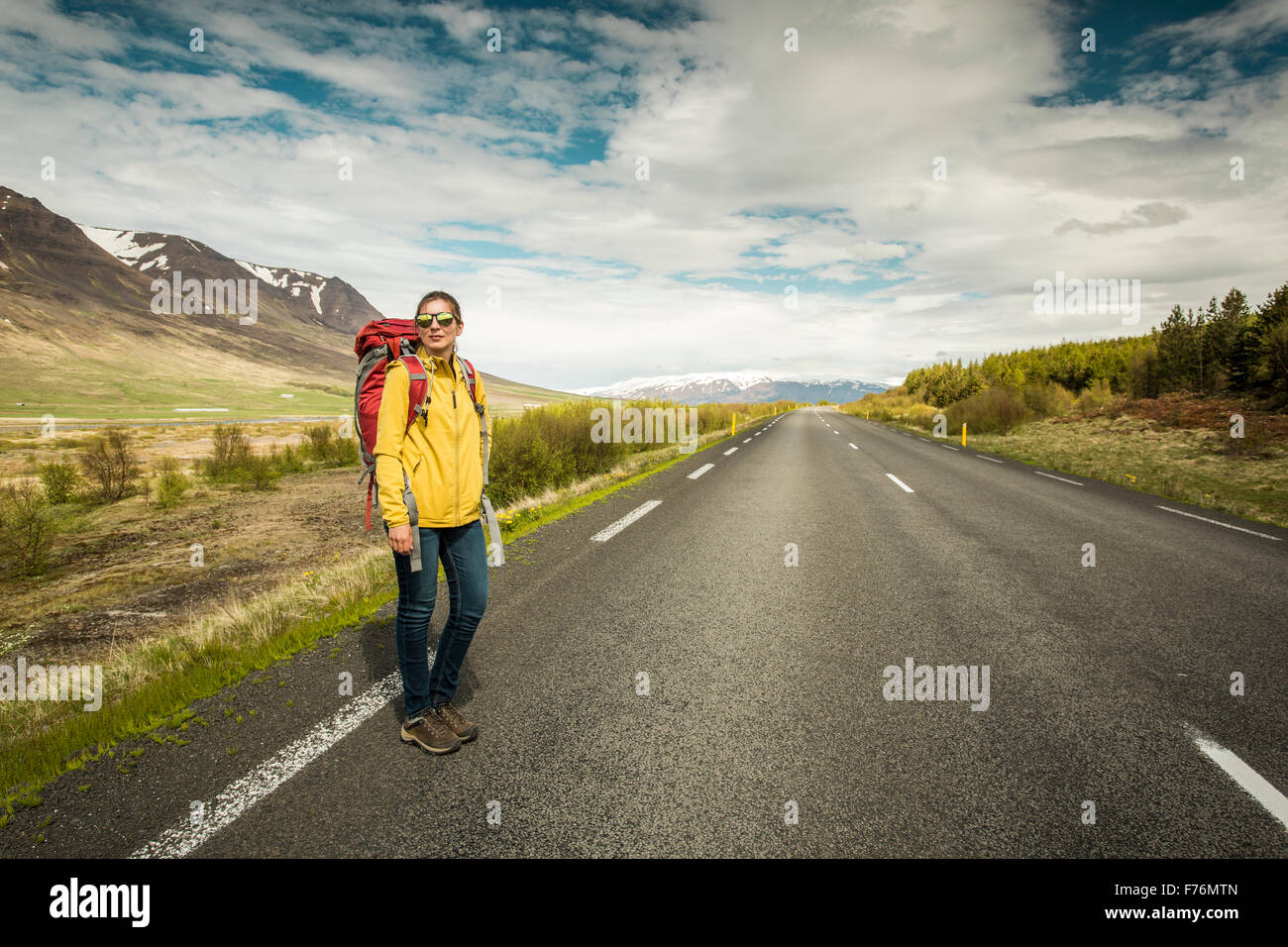 Female backpacker tourist in Icleand ready for adventure Stock Photo ...