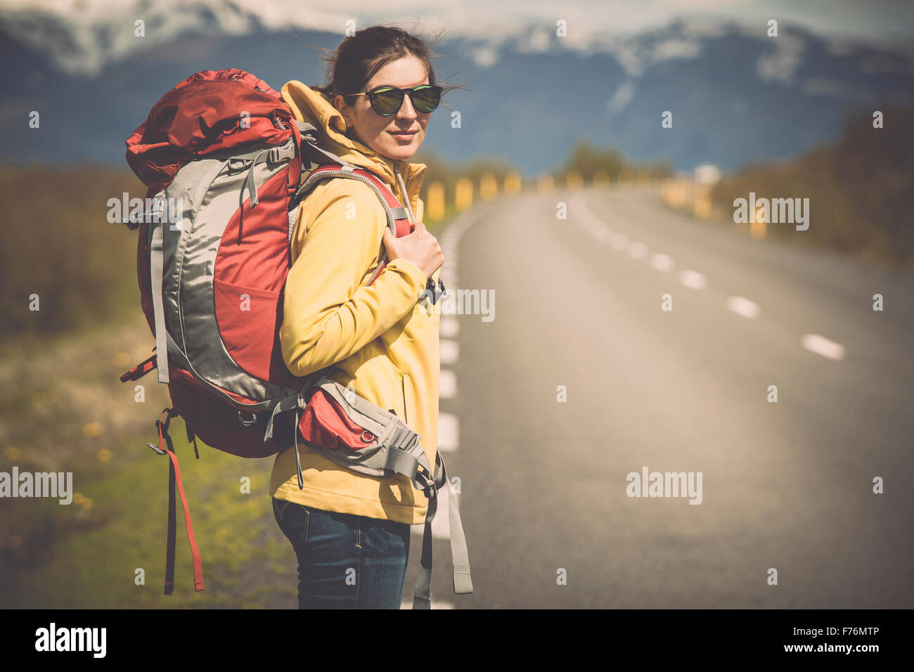Female backpacker tourist in Icleand ready for adventure Stock Photo ...