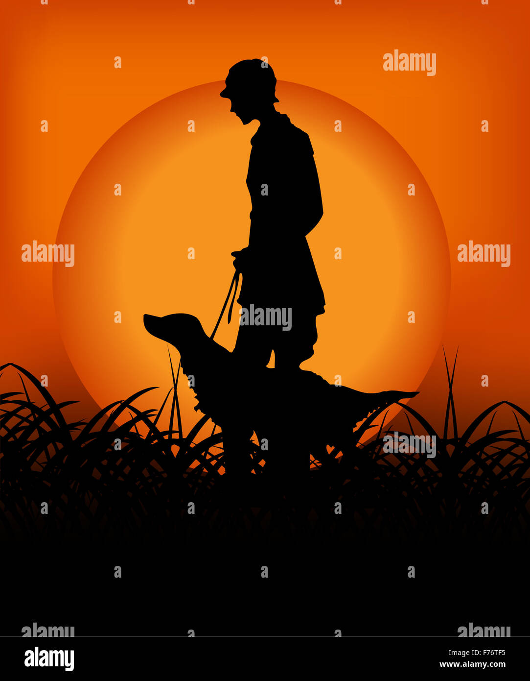 hunter with dog in the sunset Stock Photo - Alamy