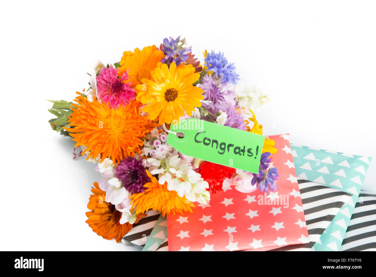 Flower bouquet, presents and tag islolated on white background Stock ...