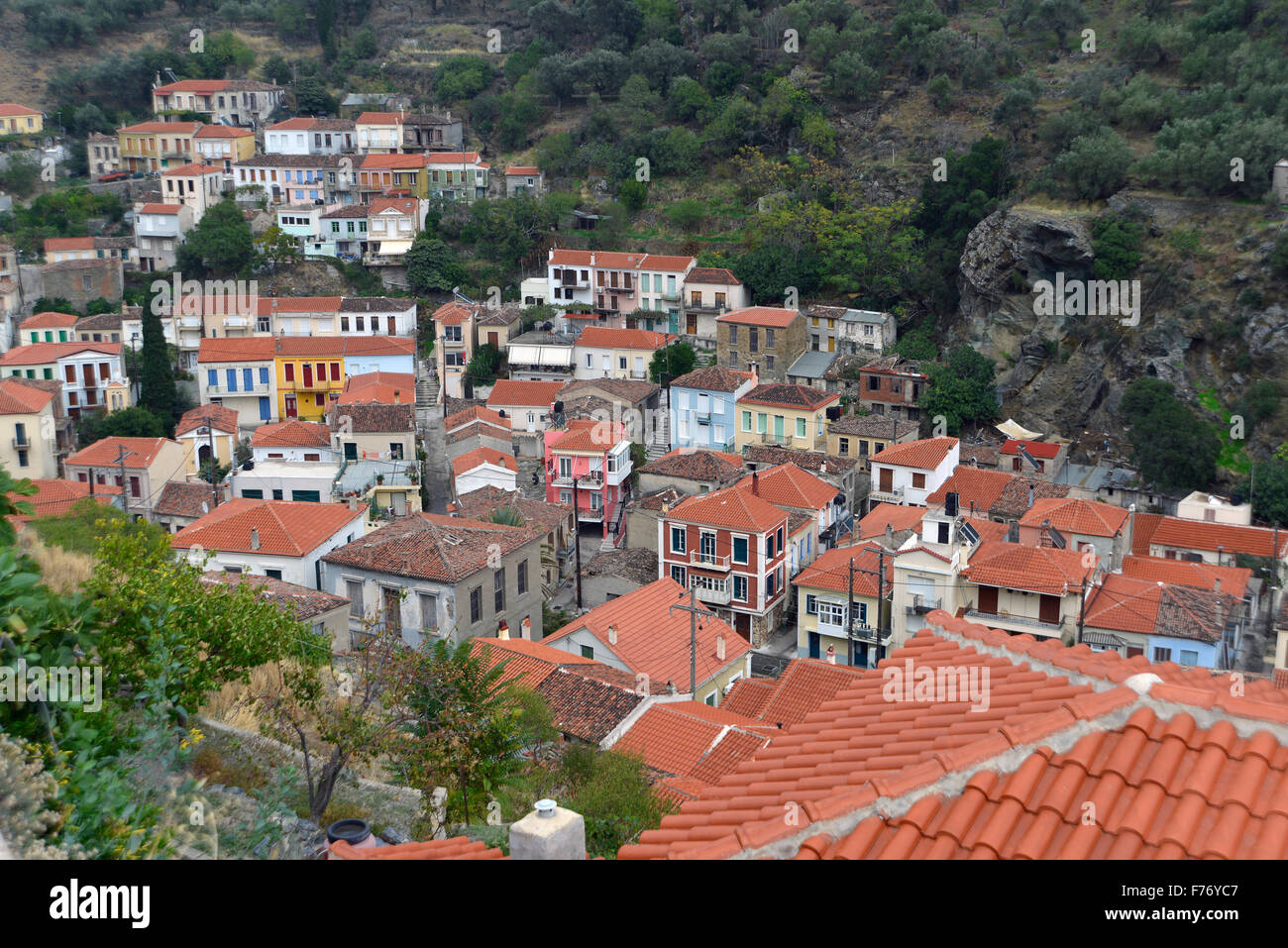 The picturesque town of Plomari, in Lesvos island, Greece Stock Photo ...