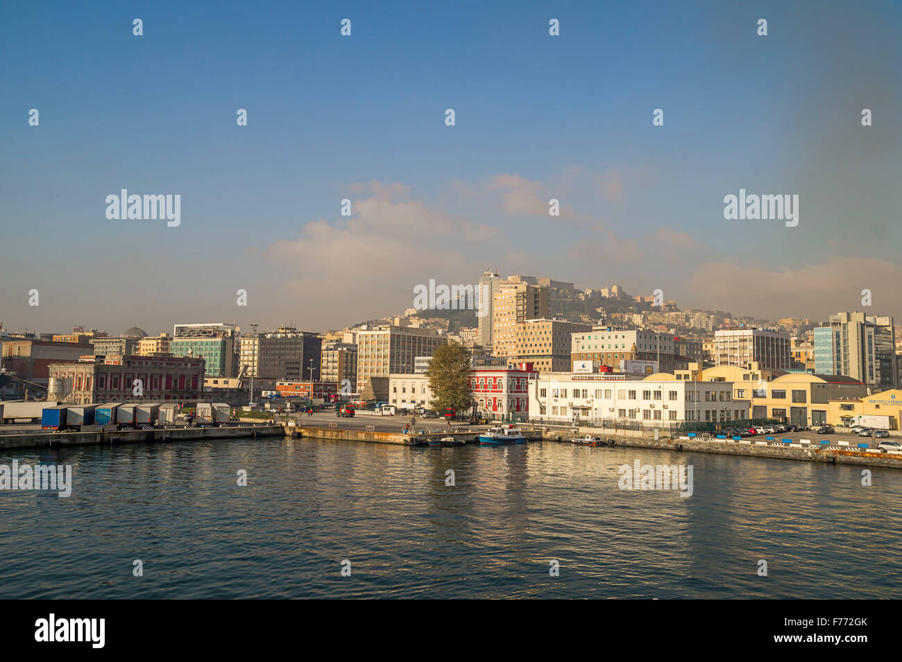 Morning view of harbor of Naples. Pollution and smog alert over the ...