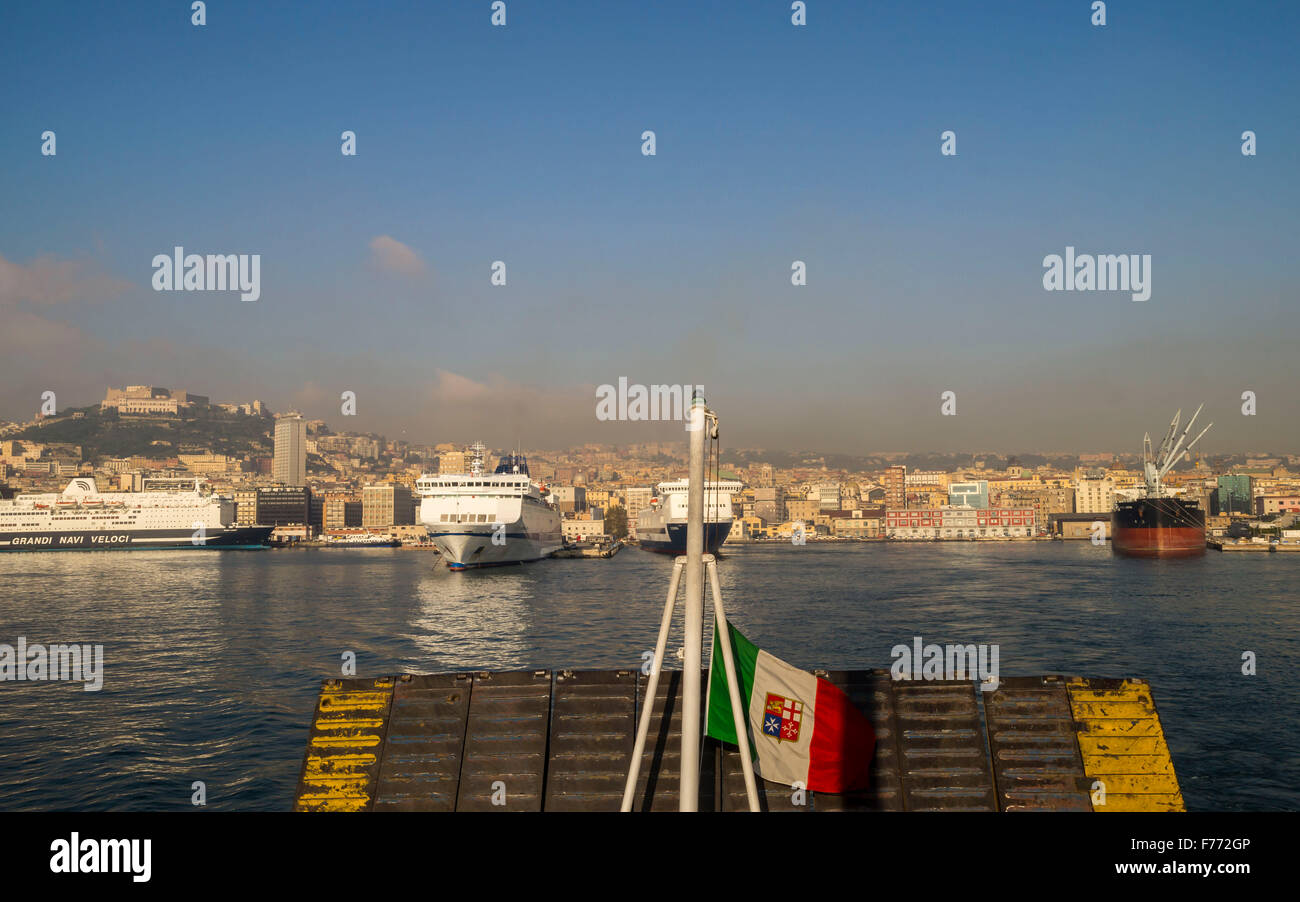 Morning view of harbor of Naples. Pollution and smog alert over the ...