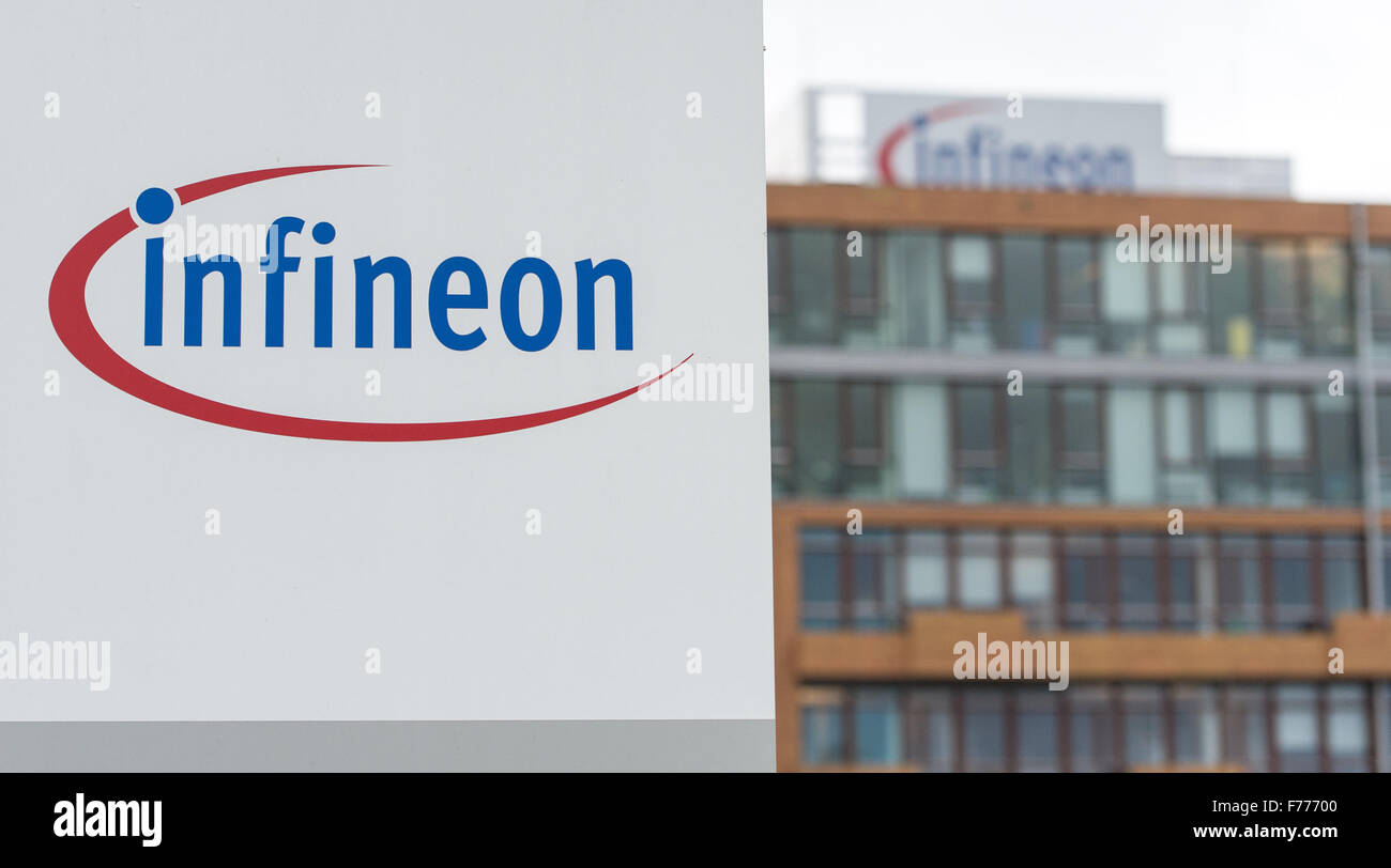 The Infineon logo in front of the semiconductor manufacturer's ...
