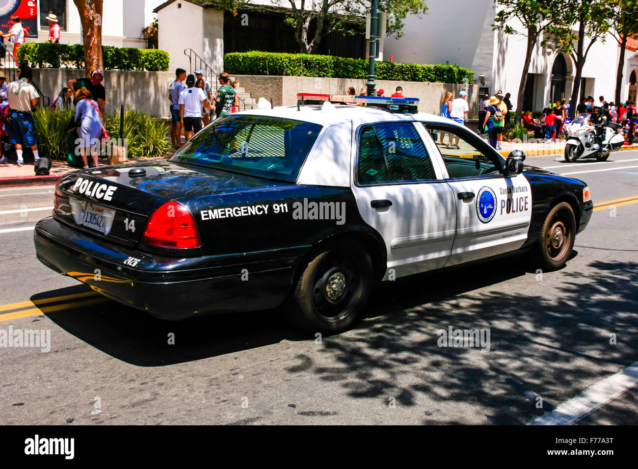 A black and white Police cruiser of the Santa Barbara PD on State ...