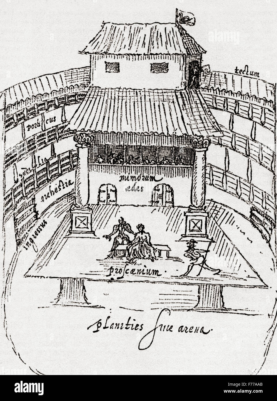 A performance in progress on the thrust stage of the Swan Theatre ...